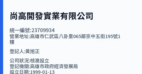 尚高開發實業有限公司的照片-統編 23709934(高雄市) 公司登記資料與營業項目詳細圖表