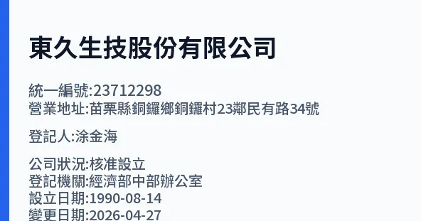 東久生技股份有限公司的照片-統編 23712298(苗栗縣) 公司登記資料與營業項目詳細圖表
