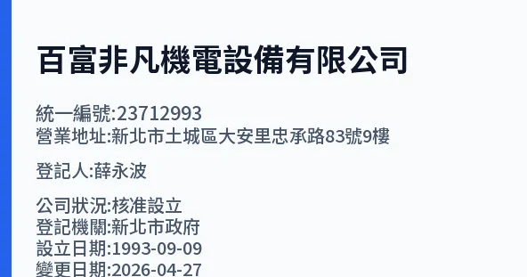 百富非凡機電設備有限公司的照片-統編 23712993(新北市) 公司登記資料與營業項目詳細圖表