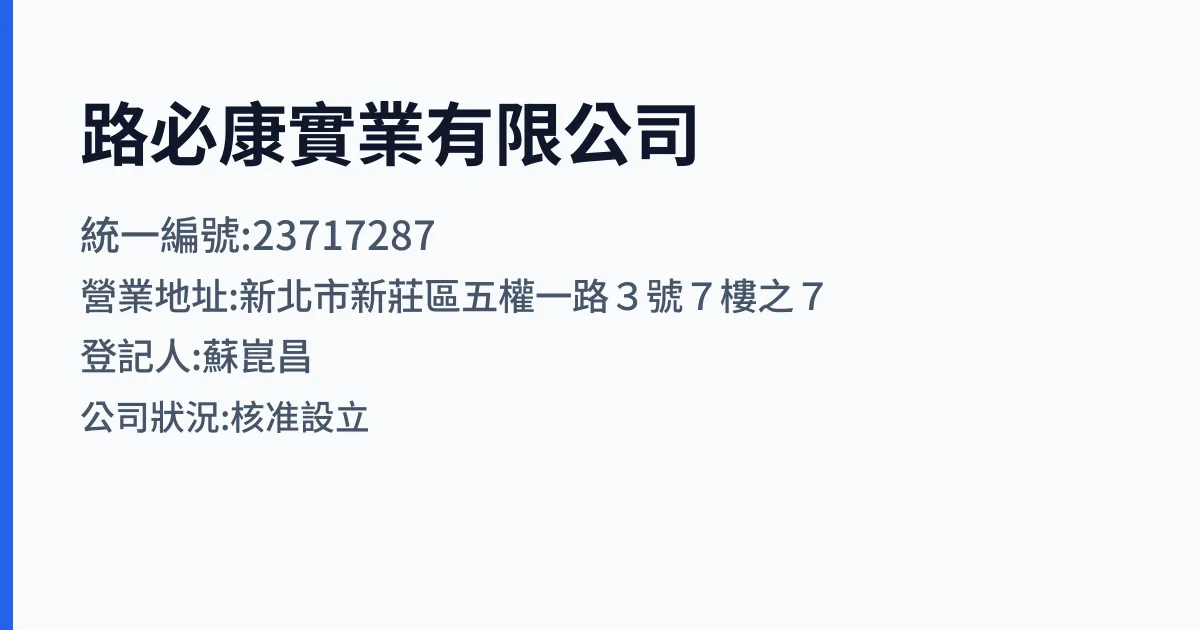 路必康實業有限公司 - 統編 23717287(新北市) 公司登記資料與營業項目詳細圖表