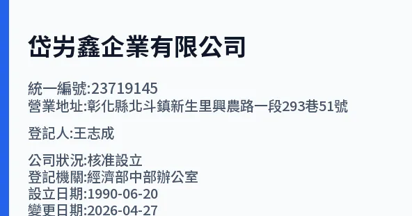 岱屴鑫企業有限公司的照片-統編 23719145(彰化縣) 公司登記資料與營業項目詳細圖表