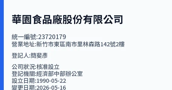 華園食品廠股份有限公司的照片-統編 23720179(新竹市) 公司登記資料與營業項目詳細圖表
