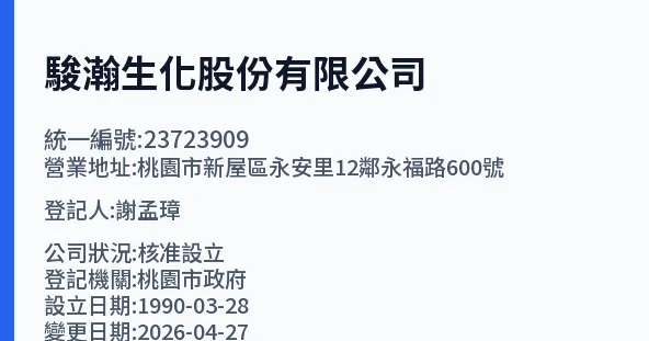 駿瀚生化股份有限公司的照片-統編 23723909(桃園市) 公司登記資料與營業項目詳細圖表