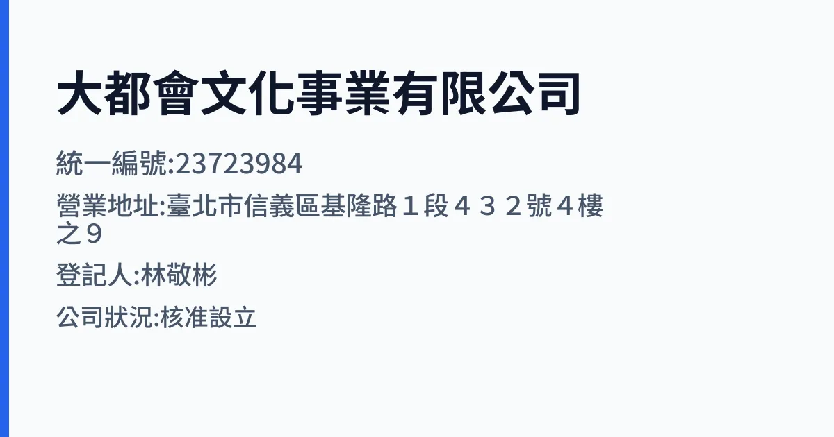 大都會文化事業有限公司 - 統編 23723984（臺北市） 公司登記資料與營業項目詳細圖表