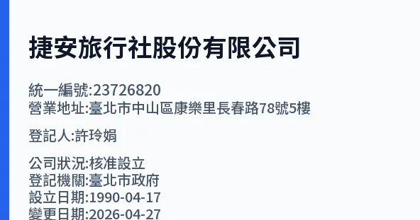 捷安旅行社股份有限公司的照片-統編 23726820(臺北市) 公司登記資料與營業項目詳細圖表