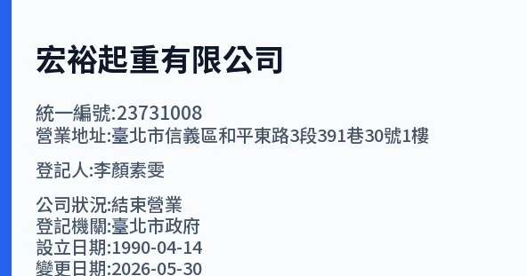 宏裕起重有限公司的照片-統編 23731008(臺北市) 公司登記資料與營業項目詳細圖表