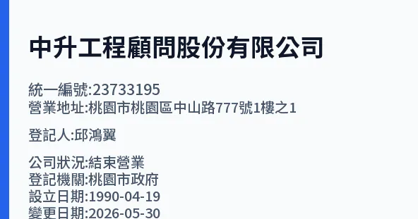 中升工程顧問股份有限公司的照片-統編 23733195(桃園市) 公司登記資料與營業項目詳細圖表