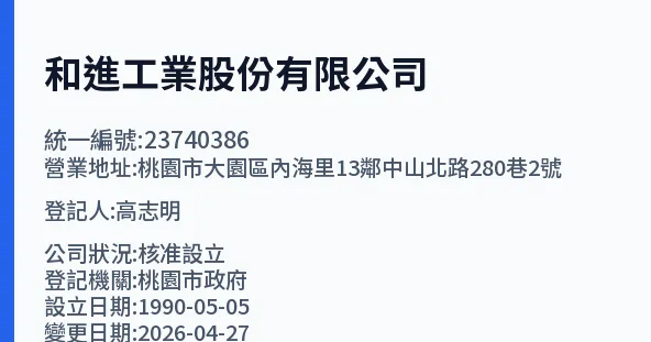 和進工業股份有限公司的照片-統編 23740386(桃園市) 公司登記資料與營業項目詳細圖表