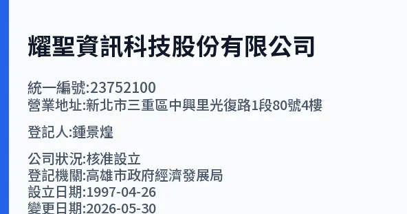 耀聖資訊科技股份有限公司的照片-統編 23752100(新北市) 公司登記資料與營業項目詳細圖表