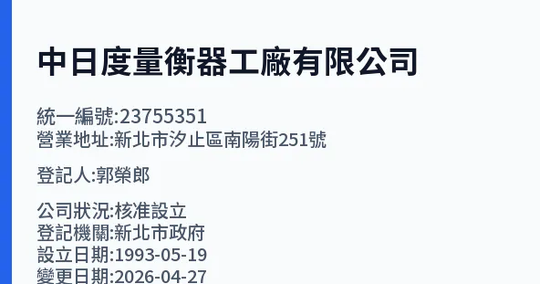 中日度量衡器工廠有限公司的照片-統編 23755351(新北市) 公司登記資料與營業項目詳細圖表