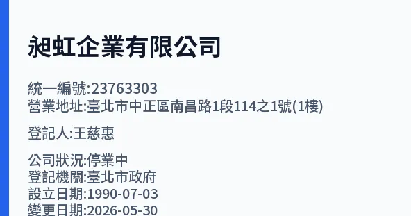 昶虹企業有限公司的照片-統編 23763303(臺北市) 公司登記資料與營業項目詳細圖表
