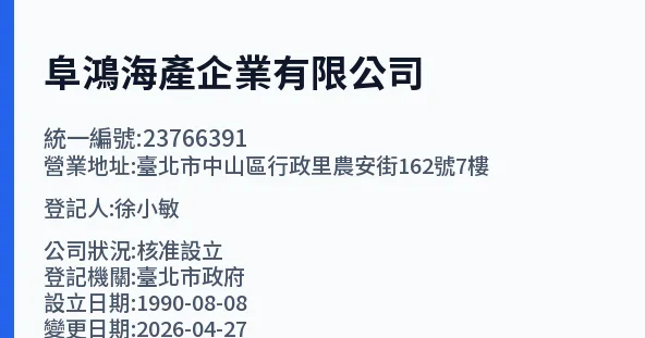阜鴻海產企業有限公司的照片-統編 23766391(臺北市) 公司登記資料與營業項目詳細圖表