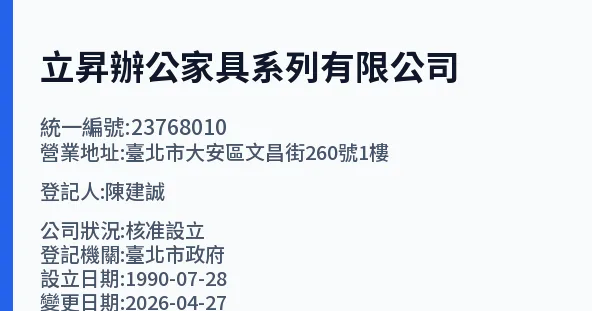 立昇辦公家具系列有限公司的照片-統編 23768010(臺北市) 公司登記資料與營業項目詳細圖表