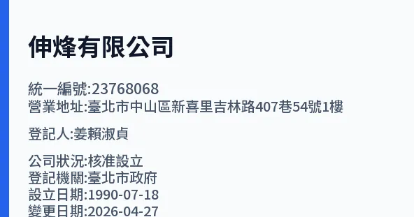 伸烽有限公司的照片-統編 23768068(臺北市) 公司登記資料與營業項目詳細圖表