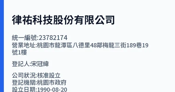 律祐科技股份有限公司的照片-統編 23782174(桃園市) 公司登記資料與營業項目詳細圖表