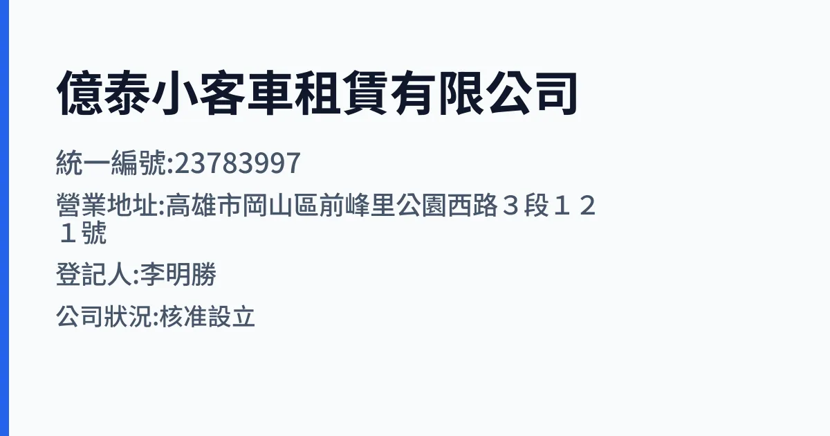 億泰小客車租賃有限公司 - 統編 23783997（高雄市） 公司登記資料與營業項目詳細圖表