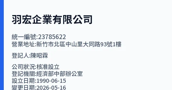 羽宏企業有限公司的照片-統編 23785622(新竹市) 公司登記資料與營業項目詳細圖表