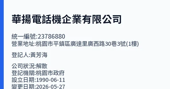 華揚電話機企業有限公司的照片-統編 23786880(桃園市) 公司登記資料與營業項目詳細圖表