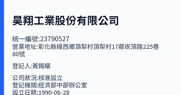 昊翔工業股份有限公司的照片-統編 23790527(彰化縣) 公司登記資料與營業項目詳細圖表