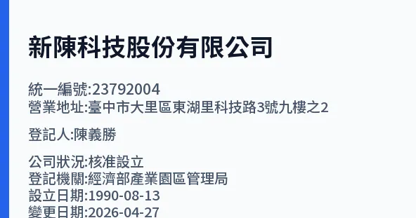 新陳科技股份有限公司的照片-統編 23792004(臺中市) 公司登記資料與營業項目詳細圖表