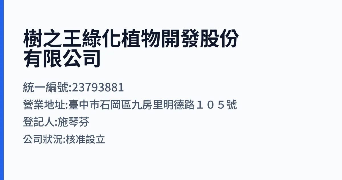 樹之王綠化植物開發股份有限公司 - 統編 23793881(臺中市) 公司登記資料與營業項目詳細圖表
