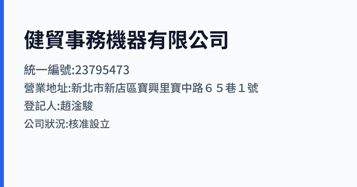 健貿事務機器有限公司 - 統編 23795473(新北市) 公司登記資料與營業項目詳細圖表