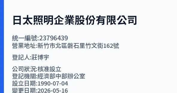 日太照明企業股份有限公司的照片-統編 23796439(新竹市) 公司登記資料與營業項目詳細圖表
