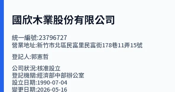 國欣木業股份有限公司的照片-統編 23796727(新竹市) 公司登記資料與營業項目詳細圖表