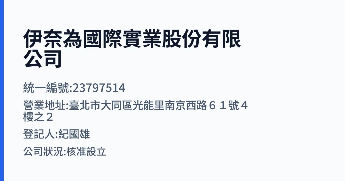 伊奈為國際實業股份有限公司 - 統編 23797514(臺北市) 公司登記資料與營業項目詳細圖表