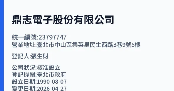 鼎志電子股份有限公司的照片-統編 23797747(臺北市) 公司登記資料與營業項目詳細圖表
