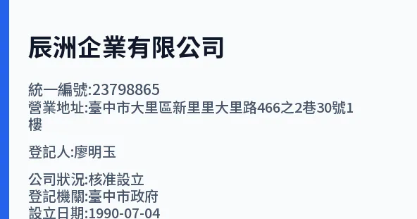 辰洲企業有限公司的照片-統編 23798865(臺中市) 公司登記資料與營業項目詳細圖表