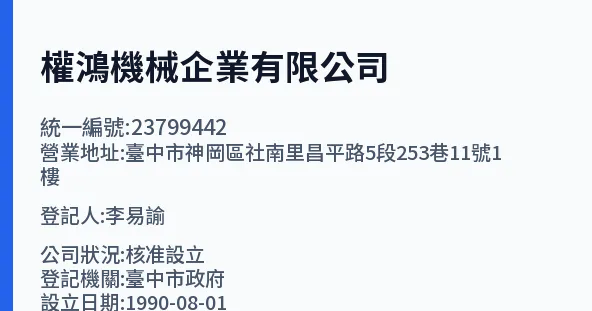 權鴻機械企業有限公司的照片-統編 23799442(臺中市) 公司登記資料與營業項目詳細圖表