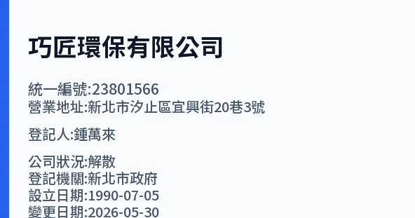 巧匠環保有限公司的照片-統編 23801566(新北市) 公司登記資料與營業項目詳細圖表