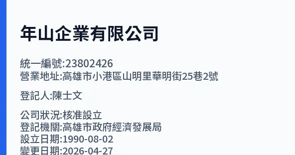 年山企業有限公司的照片-統編 23802426(高雄市) 公司登記資料與營業項目詳細圖表