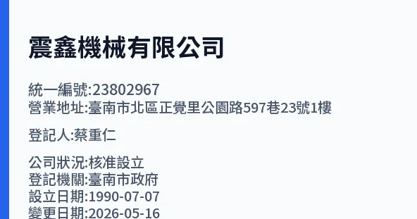 震鑫機械有限公司的照片-統編 23802967(臺南市) 公司登記資料與營業項目詳細圖表