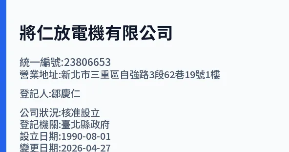 將仁放電機有限公司的照片-統編 23806653(新北市) 公司登記資料與營業項目詳細圖表
