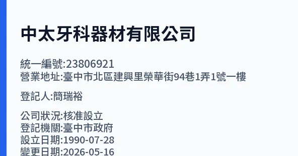 中太牙科器材有限公司的照片-統編 23806921(臺中市) 公司登記資料與營業項目詳細圖表