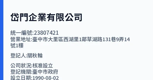 岱門企業有限公司的照片-統編 23807421(臺中市) 公司登記資料與營業項目詳細圖表