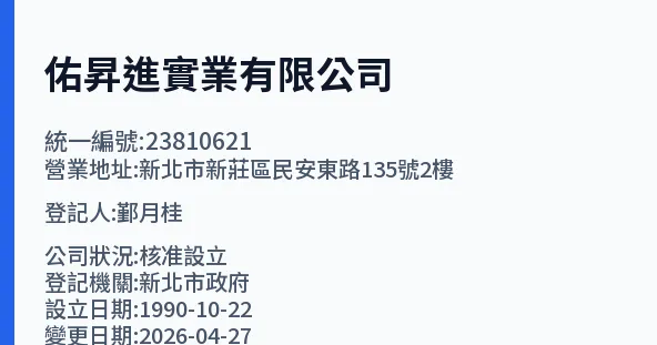 佑昇進實業有限公司的照片-統編 23810621(新北市) 公司登記資料與營業項目詳細圖表