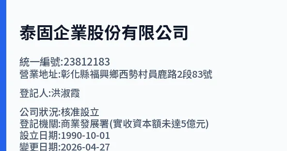 泰固企業股份有限公司的照片-統編 23812183(彰化縣) 公司登記資料與營業項目詳細圖表