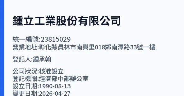 鍾立工業股份有限公司的照片-統編 23815029(彰化縣) 公司登記資料與營業項目詳細圖表