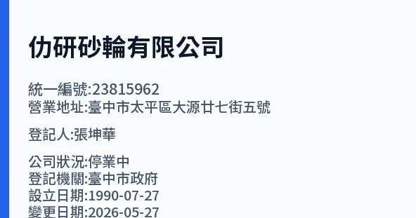 仂研砂輪有限公司的照片-統編 23815962(臺中市) 公司登記資料與營業項目詳細圖表