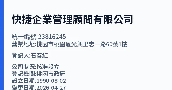 快捷企業管理顧問有限公司的照片-統編 23816245(桃園市) 公司登記資料與營業項目詳細圖表