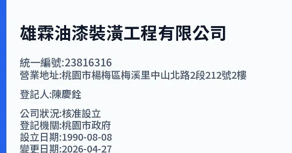 雄霖油漆裝潢工程有限公司的照片-統編 23816316(桃園市) 公司登記資料與營業項目詳細圖表