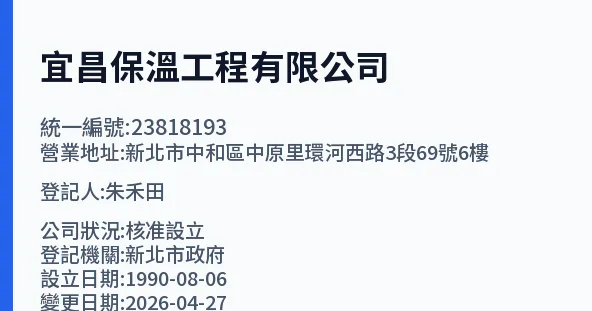 宜昌保溫工程有限公司的照片-統編 23818193(新北市) 公司登記資料與營業項目詳細圖表