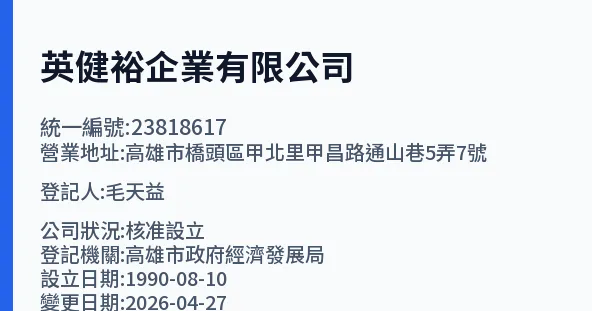 英健裕企業有限公司的照片-統編 23818617(高雄市) 公司登記資料與營業項目詳細圖表