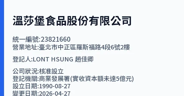 溫莎堡食品股份有限公司的照片-統編 23821660(臺北市) 公司登記資料與營業項目詳細圖表