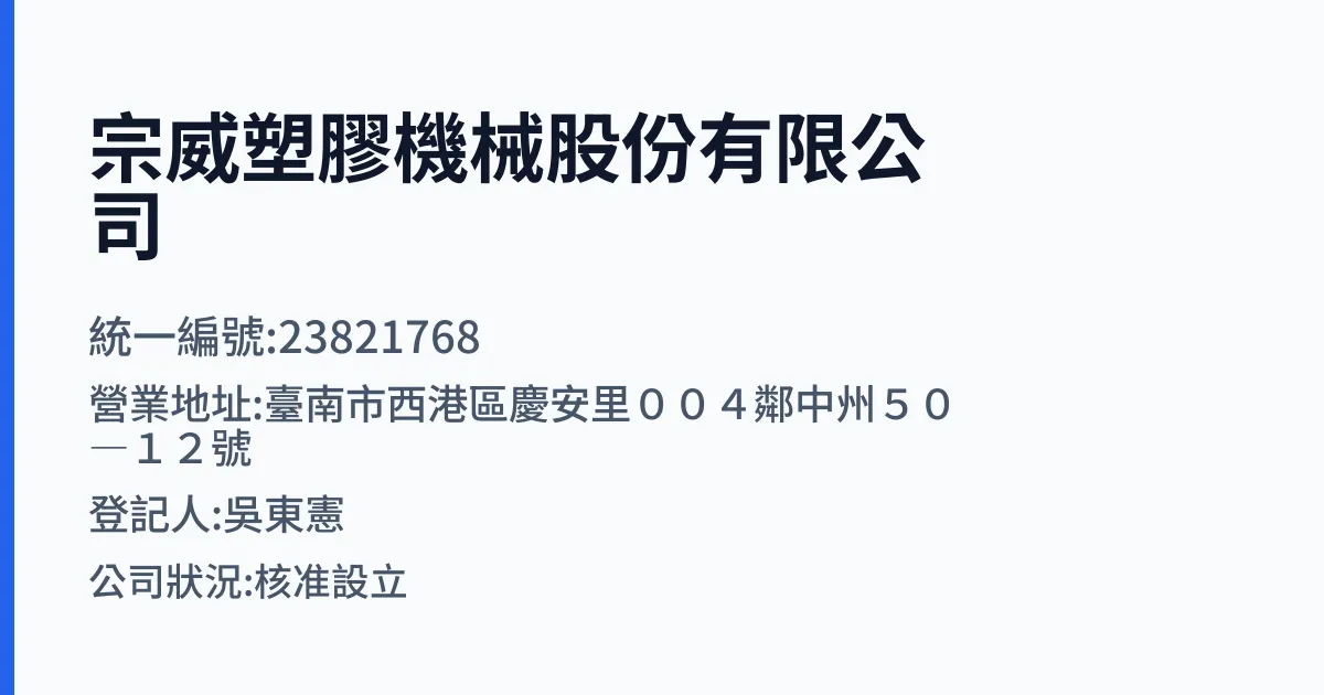 宗威塑膠機械股份有限公司 - 統編 23821768(臺南市) 公司登記資料與營業項目詳細圖表