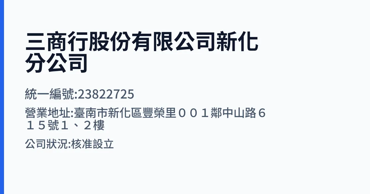三商行股份有限公司新化分公司 - 統編 23822725(臺南市) 公司登記資料與營業項目詳細圖表