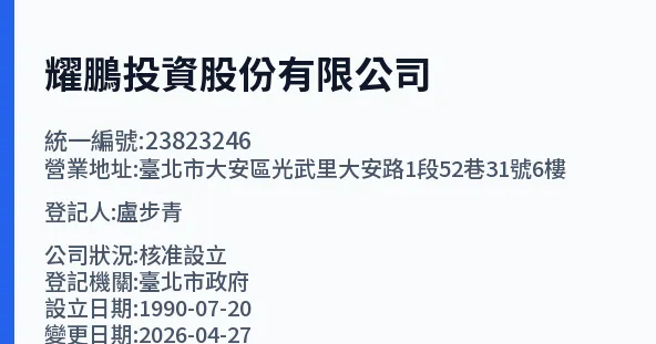 耀鵬投資股份有限公司的照片-統編 23823246(臺北市) 公司登記資料與營業項目詳細圖表